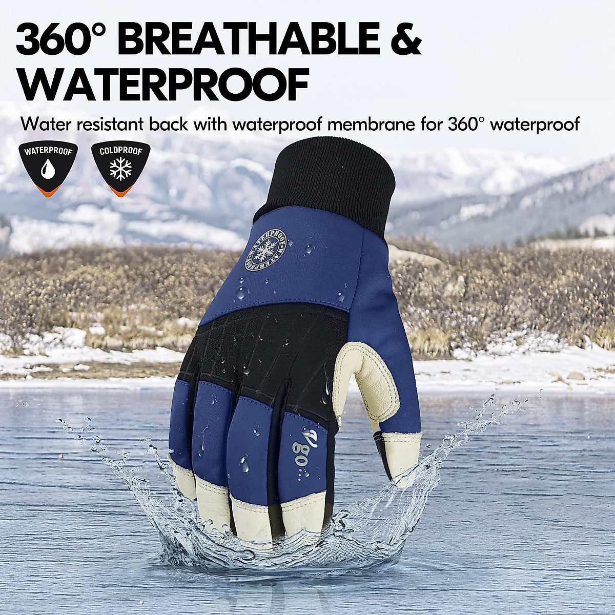 Vgo... 1-Pair 32℉ or above Lined Winter Premium Pigskin Leather Waterproof Work Gloves (Size L, Dark Blue, PA1015FW)