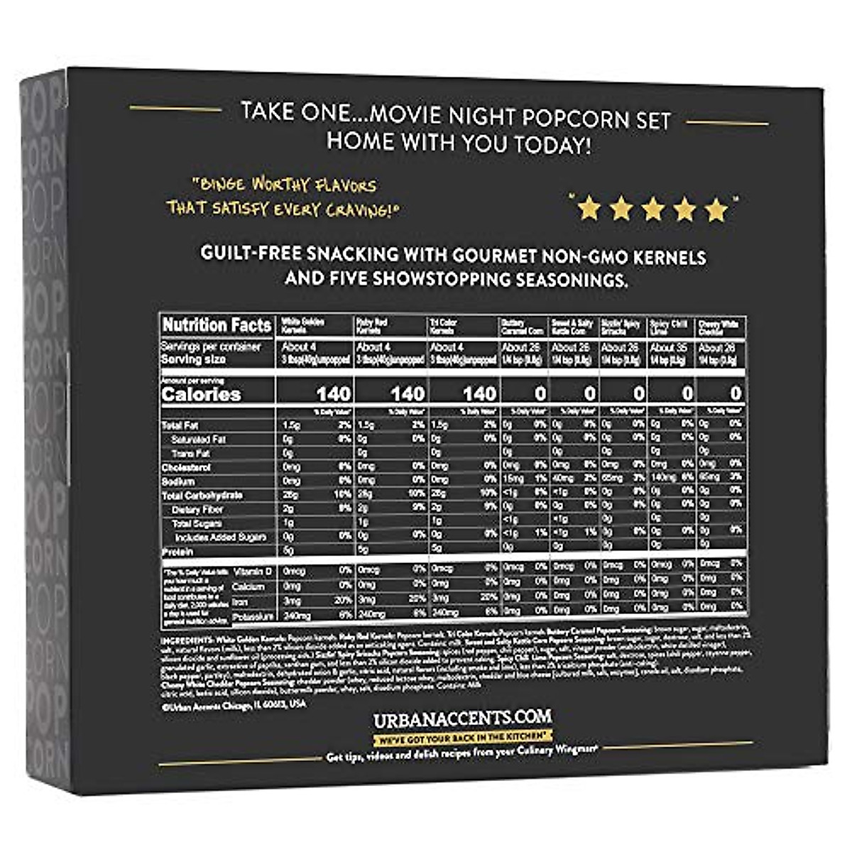 Urban Accents MOVIE NIGHT Popcorn Kernels and Popcorn Seasoning Variety Pack (set of 8) - 3 Non-GMO Popcorn Kernel Packs and 5 Gourmet Popcorn Snack Seasoning