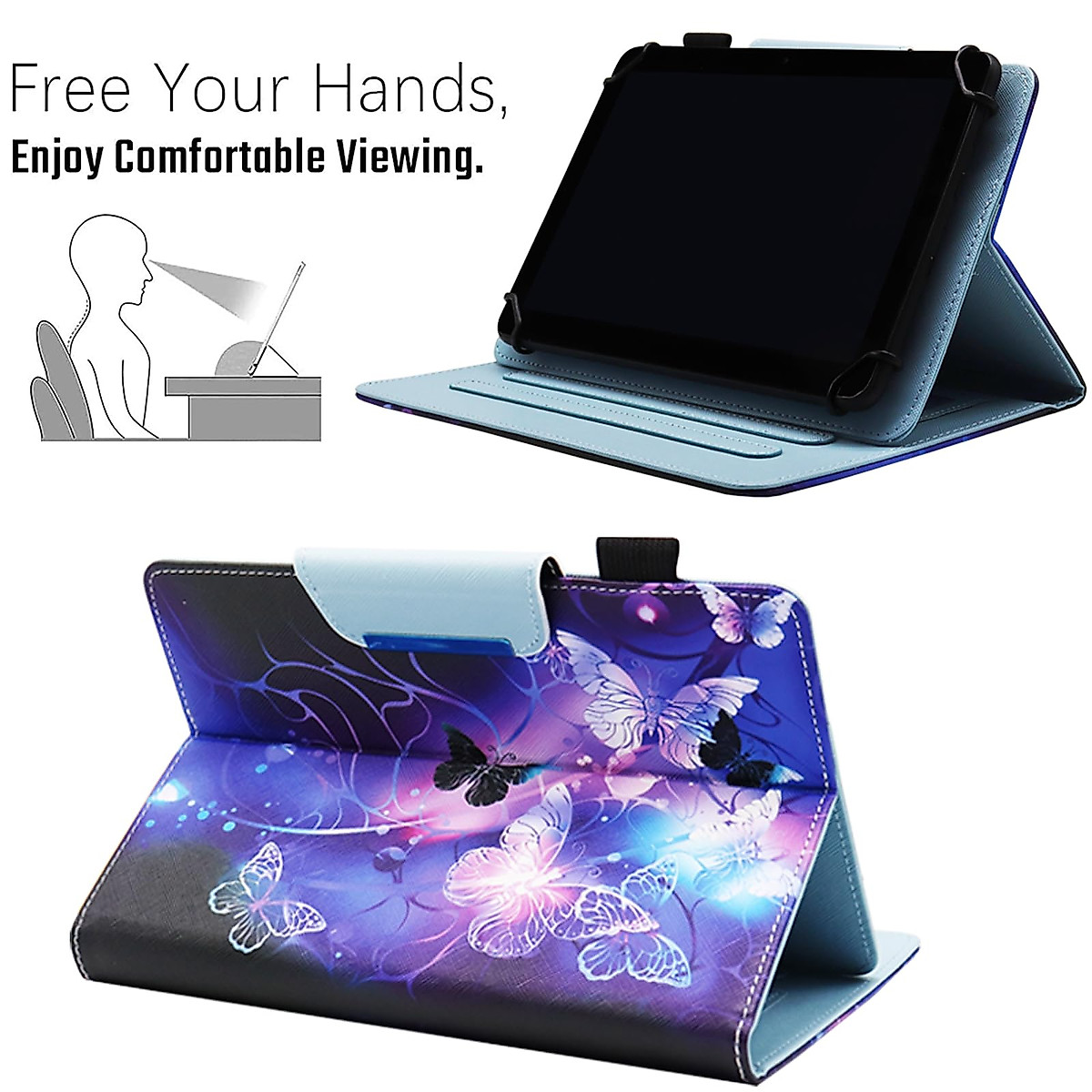 Universal 7 8 Inch Android Tablet Case, Tablet Case Cover for 7.0 8.0 Inch Tablet, Dluggs Multi-Angle Viewing PU Leather Stand Case for All 7.0-8.5 Inch Tablet, 01 Purple Butterfly