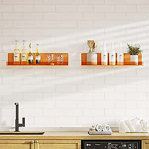 RRG 15 Inch Acrylic Floating Shelves, 2 Pack Kids Floating Bookshelf Wall Mounted Display Shelf for Books, Kids Room, Nursery, Bedroom, Bathroom, Living Room (Orange)