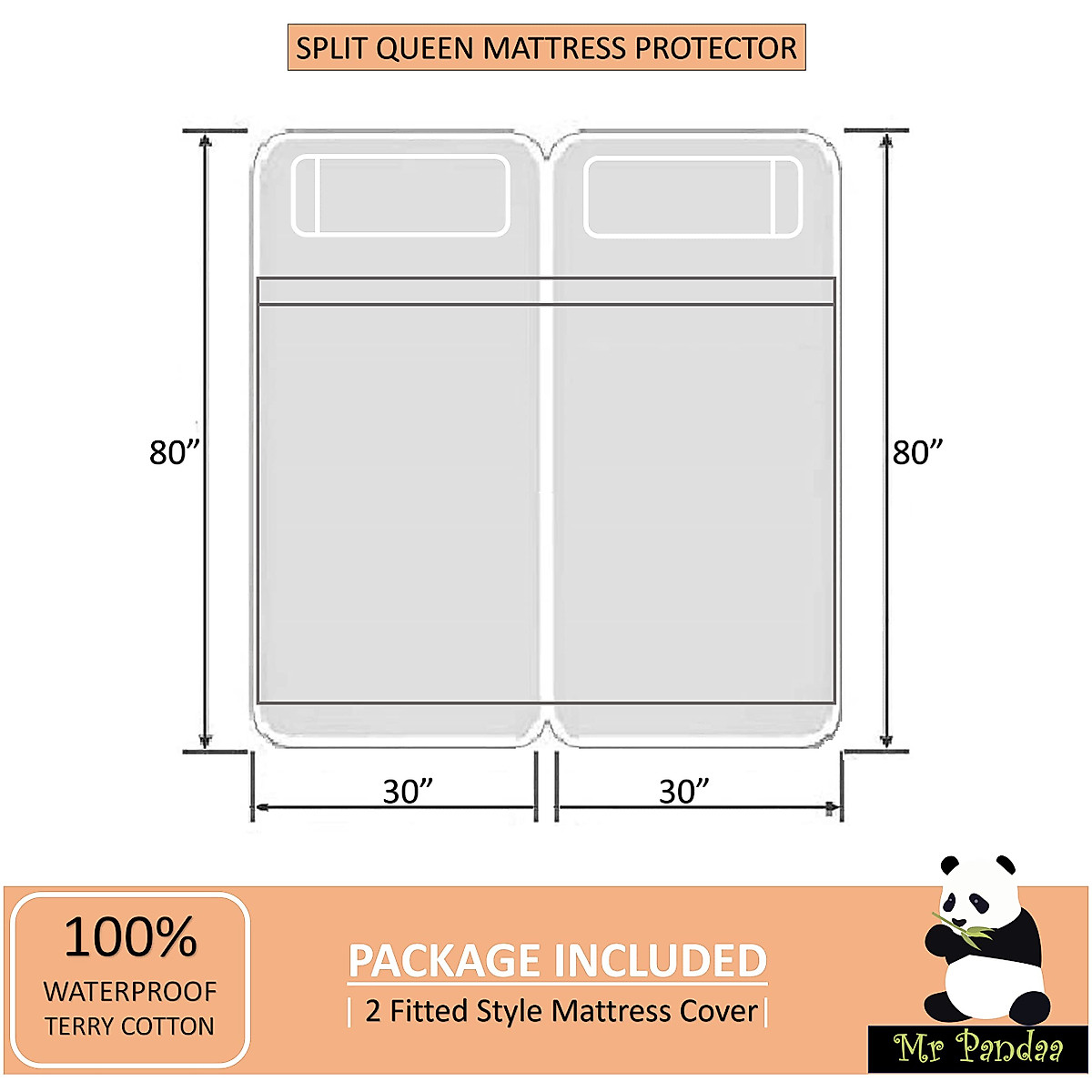 Split Queen Mattress Protector for Adjustable Bed, 100% Waterproof Terry Cotton Mattress Cover, 2 PC [30X80 + 30X80] Set, 15-Inch Deep Pockets - [2 Piece Split Queen Mattress Protector]