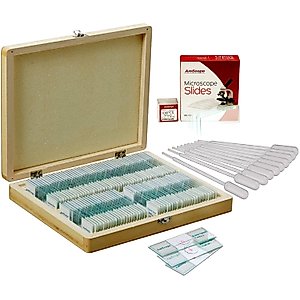 AmScope Deluxe Assorted Sample Specimens Set w/Microscope Slides & Slipcovers - 100 Prepared Sample Slides, 72 Blank Glass Slides + 100 Coverslips, 50 1mL Pipettes