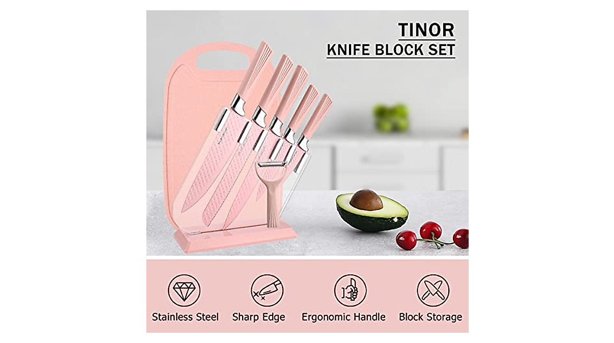 Tinor 9-Piece Pink Kitchen Knife Set with Block