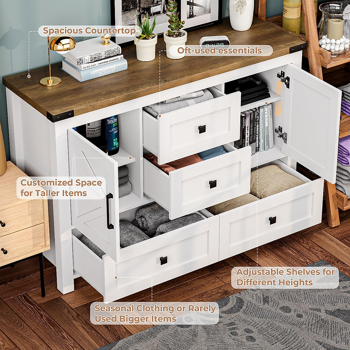 VVFLU Farmhouse White Dresser for Bedroom with 4 Drawers and 2 Barn Doors, White Wood Chest of Drawers 47 Inch Wide, Large, Long, Adjustable Shelves, 5 Legs, Living Dining Room, Entryway, Hallway