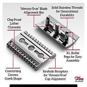 Mr. Fine Premium Double Edge Safety Razor for Wet Shaving, Single Blade Razor, Close Shave, Open-Comb Guard, 100% Metal w/Stainless Steel Core, 5 Feather Blades