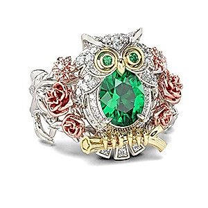 Jeulia 1 Carat Owl Rings for Women 925 Sterling Silver 18K Gold Plated Wedding Rings Oval Cut Solitaire Engagement Rings with Emerald Stone Anniversary Promise Rings Romantic Gift (5)