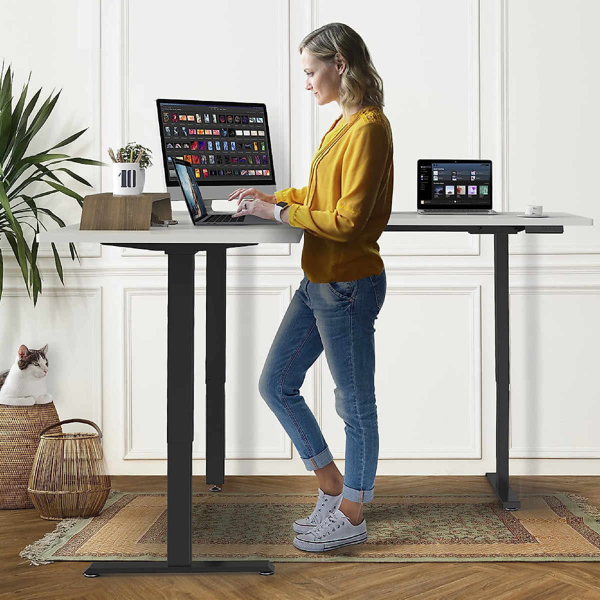 AVLT 47" Electric Standing Desk (3 ft 11 inches) L Shaped Sit Stand Desk Height Adjustable with Swappable Mid Foot Design - 3 Leg Motorized Corner Desk - Frame Only - Black