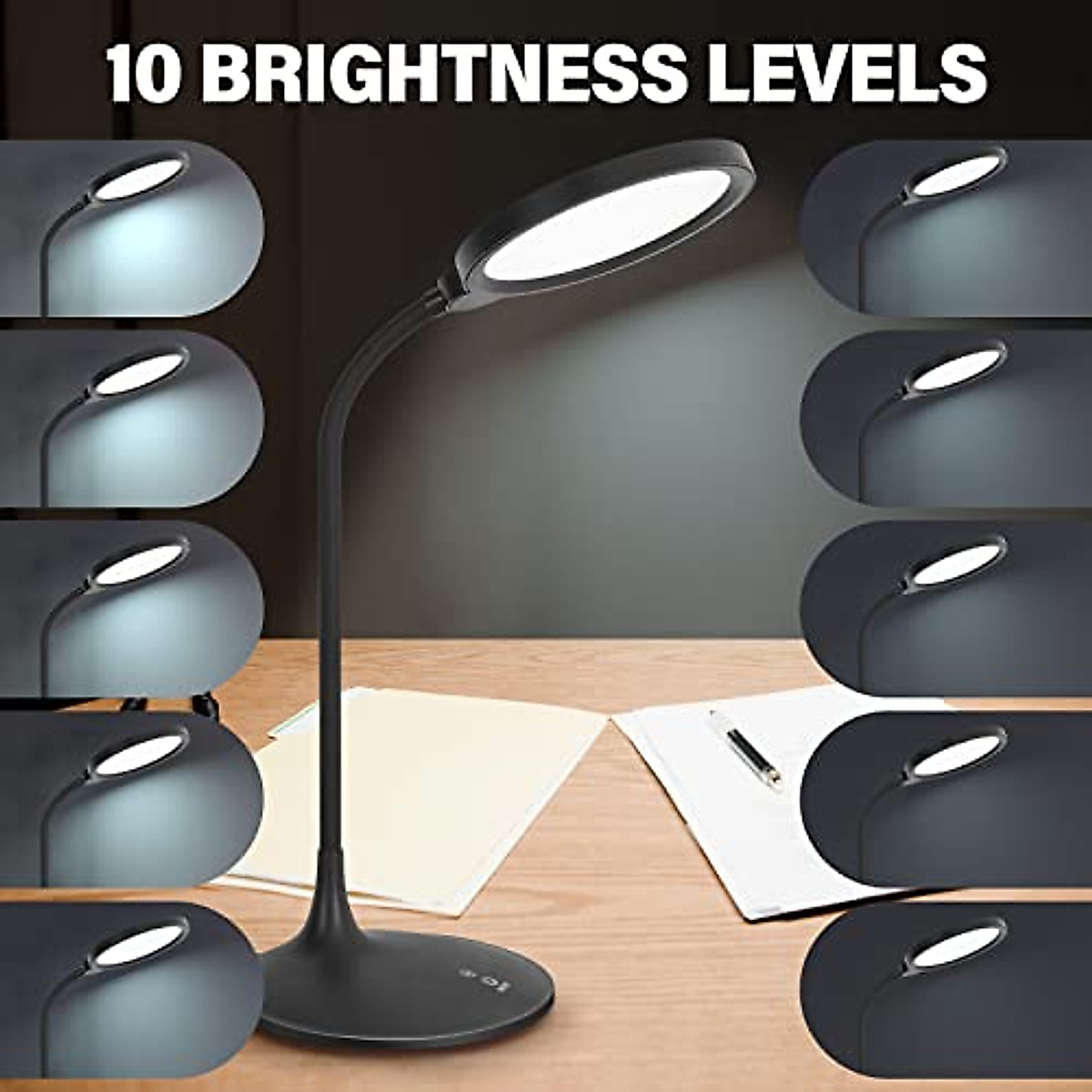 LED Desk Lamp for Home Office, Eye-Caring Table Lamp, 3 Color Modes with 10 Brightness Levels, Dimmable Lamp with Adapter, Touch-Sensitive Control, 360°Adjustable Gooseneck, 3500-5500K 10W. (Black)