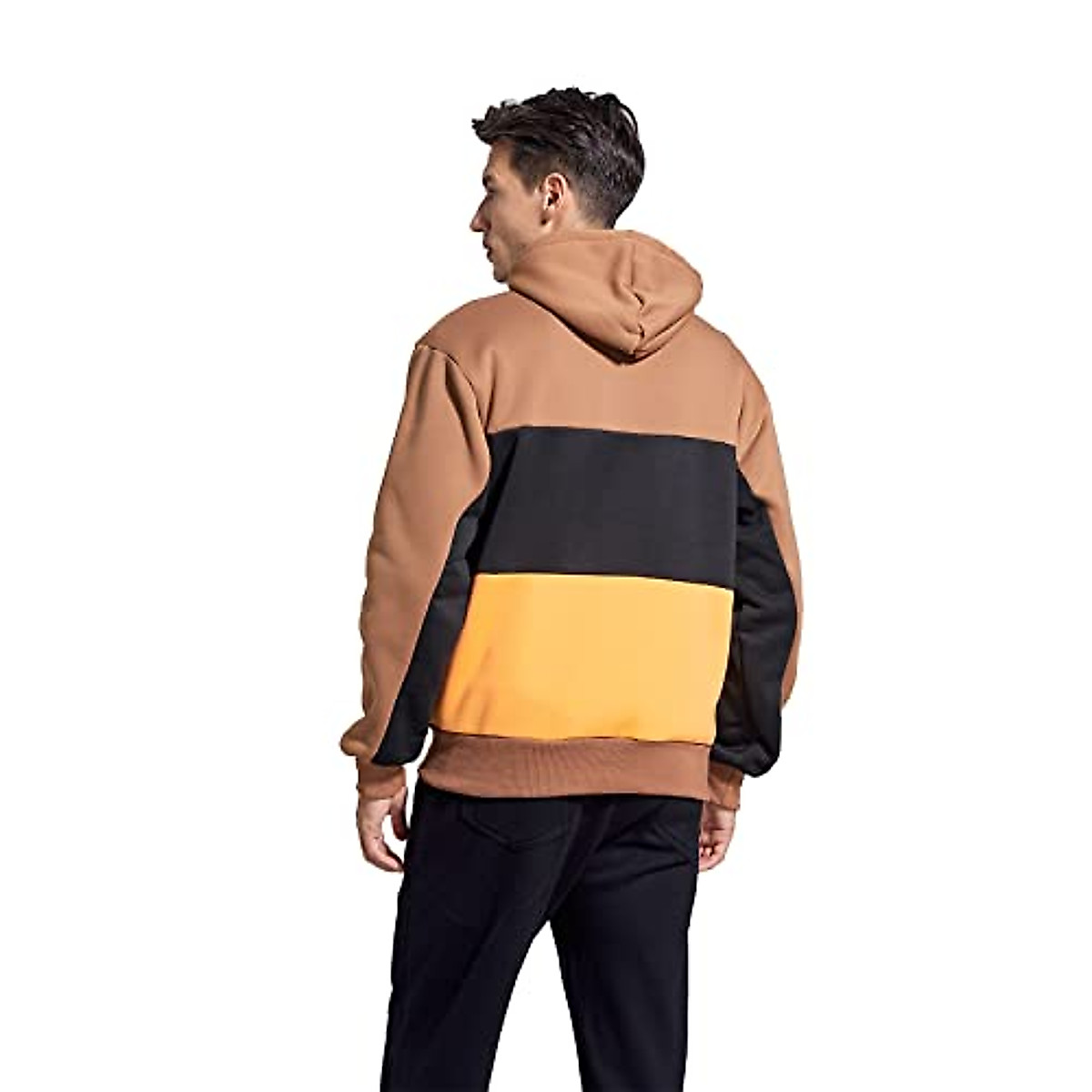 Rusaevon Men's Fleece Pullover Hoodie Sweatshrits Drawstring Hooded Color Block Hoody for Men with Kangaroo Pocket Brown X-Large