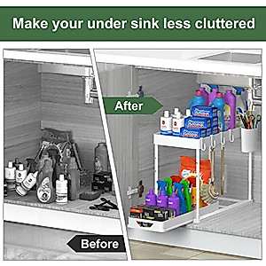 Under Sink Organizers And Storage Liftable Sink Shelf, ONADAK 2 Tier Sliding Under Bathroom Cabinet Organizer Drawer with 4 Hooks & 1 Hanging Cup Under Kitchen Sink Storage Bathroom Organizer(White)