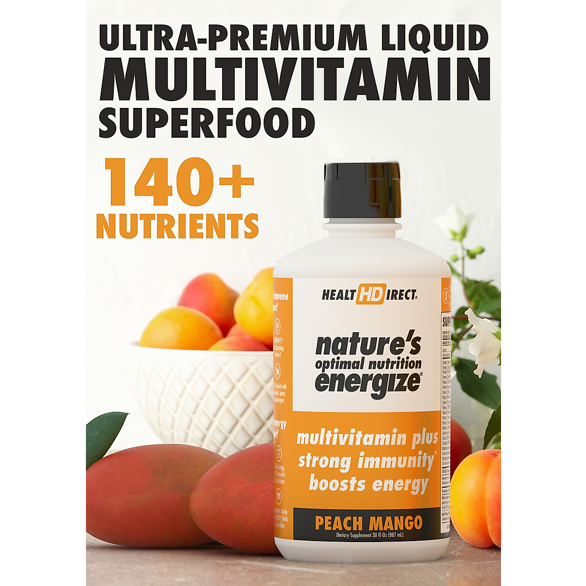 HEALTH DIRECT - Nature's Optimal Nutrition Energize Liquid Multivitamin Superfood - 140+ Nutrients - Mental Clarity & Energy - Immune & Cardiovascular Support – 30 Servings – Peach Mango