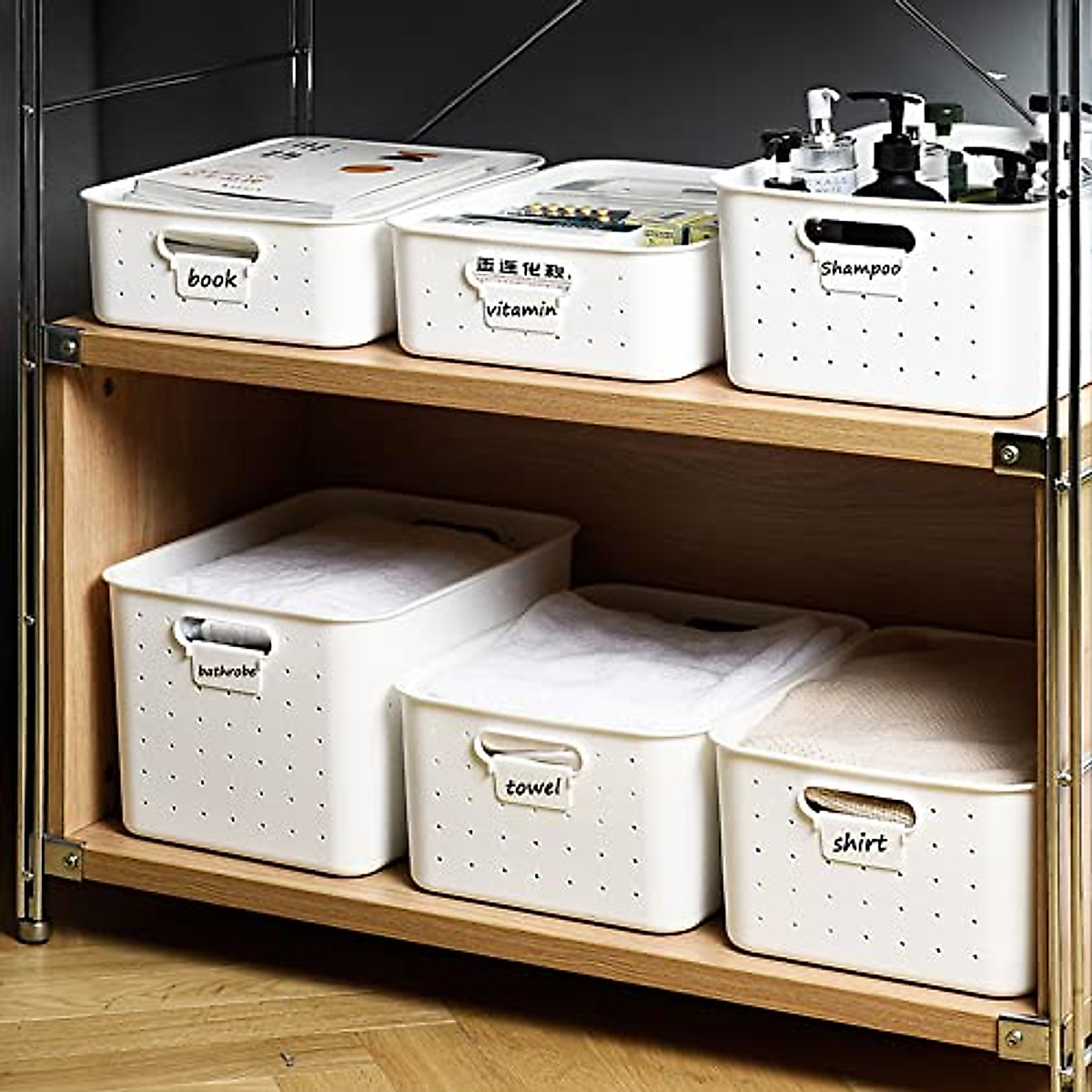vacane Plastic Storage Bins with Lids Set of 3, Stackable Organizer Lidded Basket with Writable Label for Organizing, Sturdy Containers for Shelves Pantry Office School/S+M+L/White