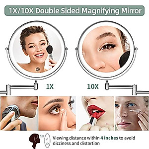 Rechargeable Wall Mounted Lighted Makeup Vanity Mirror 8 inch 1X/10X Magnifying Bathroom Mirror with 3 Color Lights, Double Sided with Dimmable LED Lights, Extended Arm 360°Shaving Light up Mirror