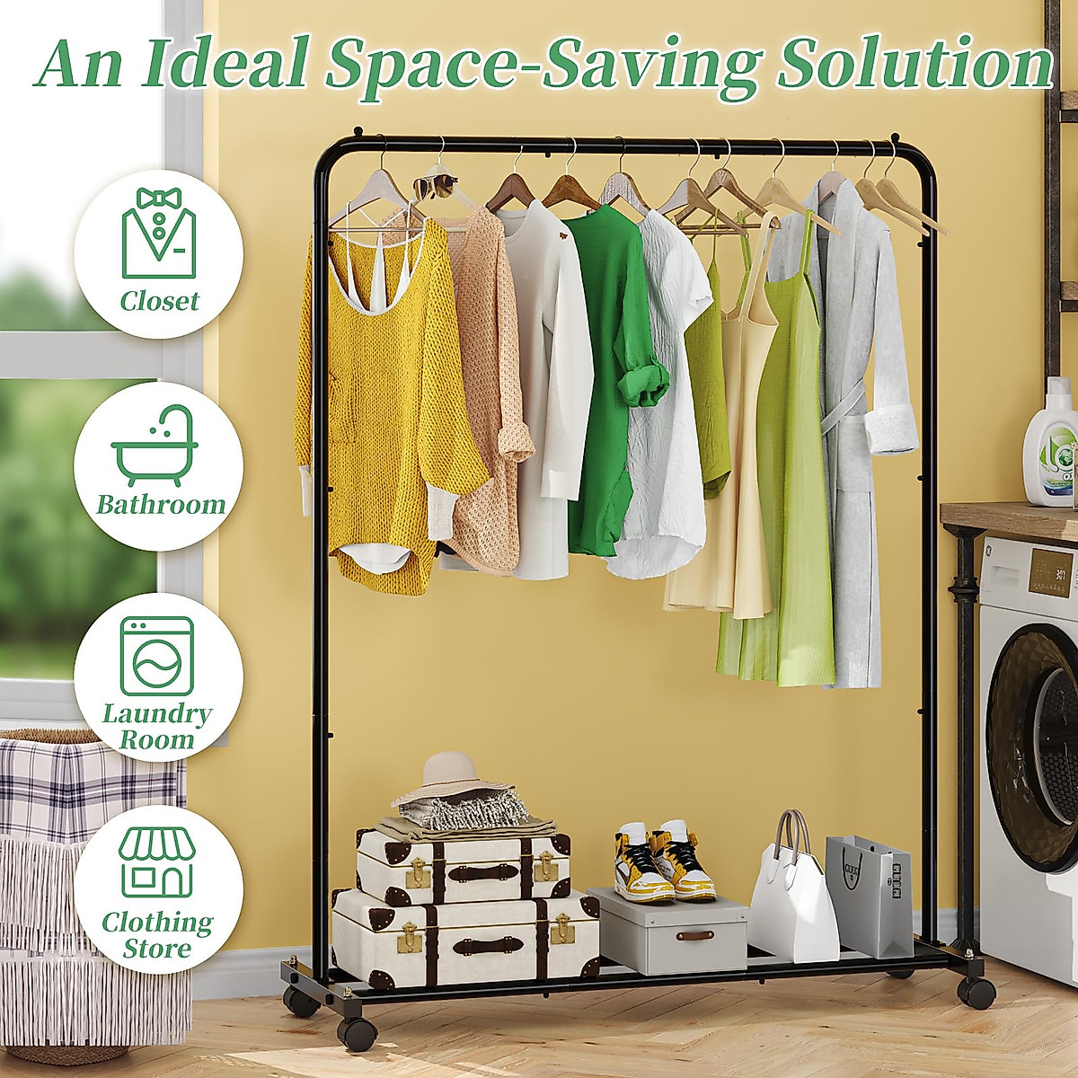 Simple Trending Standard Clothes Clothing Garment Rack with Storage Shelves, Rolling Clothes Organizer on Wheels for Hanging Clothes, Black