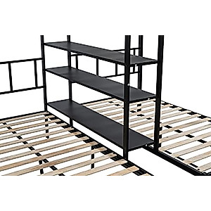 Goohome Full Over Twin and Twin Size Triple Bunk Bed with 4 Shelves, Heavy-Duty Steel Triple Bunk Beds Frame W/Safety Guardrail, Built-in Wood Slat and Ladder, for Kids, Teens, Adults