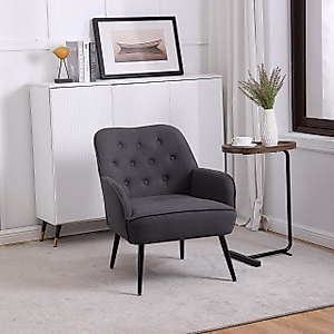 Mid Century Modern Accent Chair Button-Tufted Upholstered Comfy Chair with Linen Fabric Lounge Arm Chairs with Black Metal Legs for Living Room Bedroom (Dark Gray)