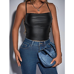 Floerns Women's PU Leather Crisscross Backless Cowl Neck Draped Crop Cami Top Black L