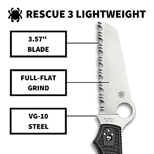 Spyderco Rescue 3 93mm Lightweight Knife - Black FRN Handle with SpyderEdge, Saber Grind, VG-10 Steel Blade and Back Lock - C14SBK3