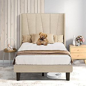 4 EVER WINNER Twin Bed Frames with Headboard, Linen Fabric Twin Upholstered Platform Bed Frame with Geometric Headboard and Wingback for Kids, Wood Slat Support, No Box Spring Needed, Beige