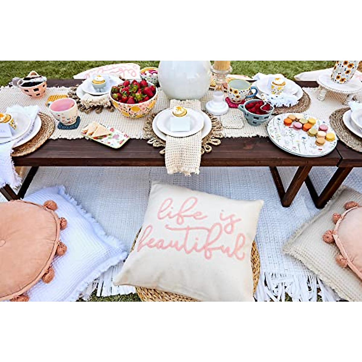 Mud Pie Color Sentiment Dhurrie Pillow, 22" x 22", Life is Beautiful