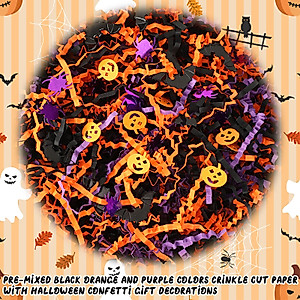 Jansun Halloween Black Orange Purple Crinkle Cut Paper, 115g/4oz Shred Filler with Pumpkin Spider Bat for Gift Wrapping Craft DIY Basket Filling Trick or Treat Candy Decorations