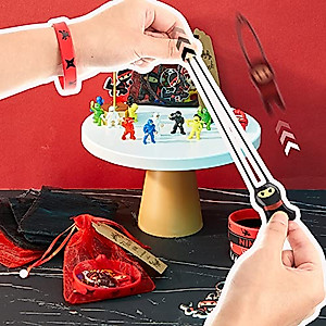 84 Pcs Ninja Party Favors Include 12 Stretchy Flying Ninjas, 24 Mini Ninja Figurines, 12 Ninja Silicone Wristbands, 12 Ninja Keychains, 12 Red and Black Organza Bags and 12 Gift Tags for Birthday