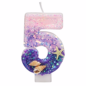 Birthday Candles for Cake, Pink and Purple Number 5 Candles Decorated with Conchs Starfish and Pearls for Mermaid Theme Party Cake Topper Supplies (Number 5)