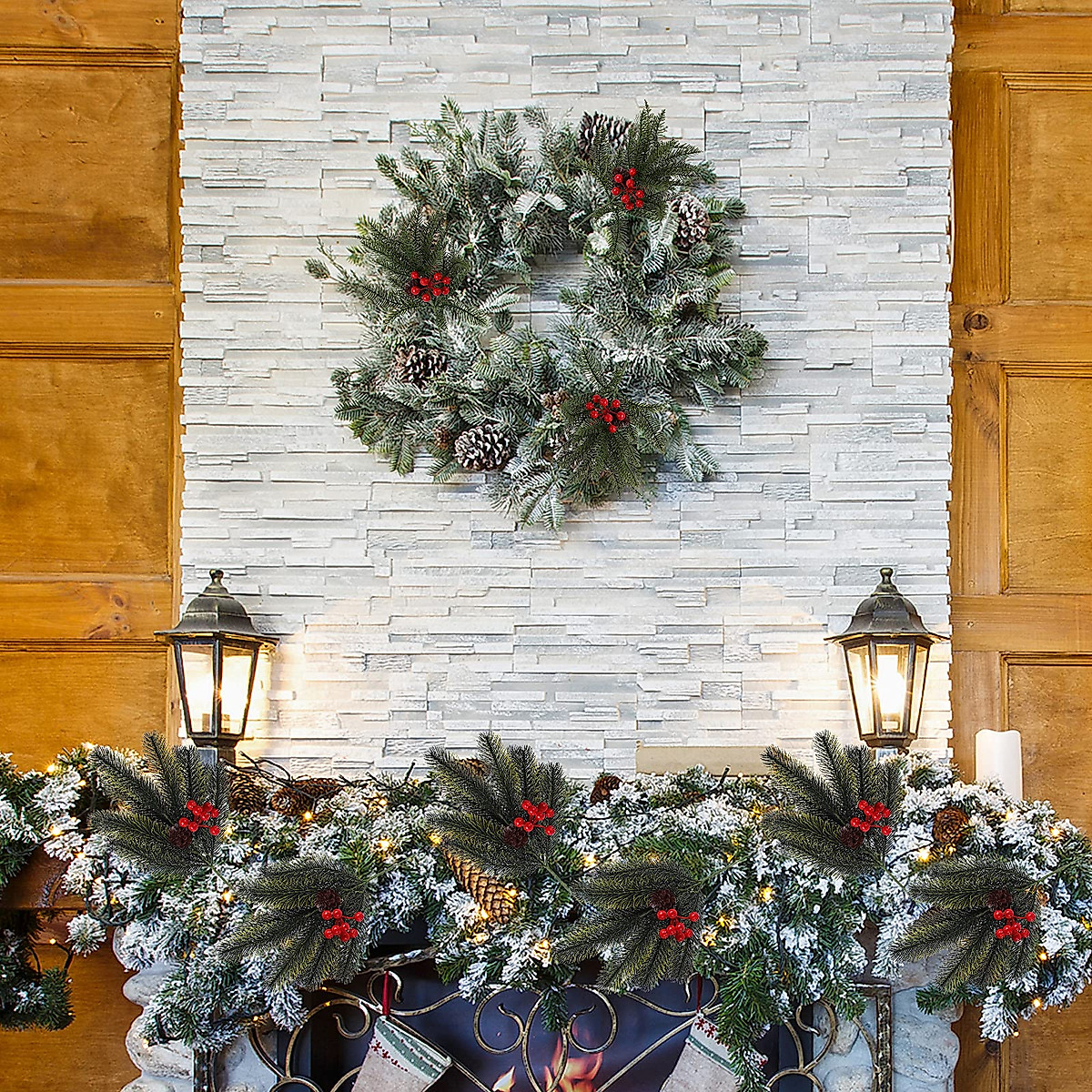 HYLYING 10 PCS Artificial Pine Branches Faux Cedar Sprigs with Pinecones Branch Fake Greenery Pine Picks for Christmas Holiday Winter Home Garden Decor, A1