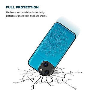 Vaburs Wallet Case for iPhone 13, Kickstand Case with Credit Card Holder, Embossed Mandala Floral Pattern Premium PU Leather Magnetic Closure Shockproof Protective Flip Cover 6.1" (Blue)
