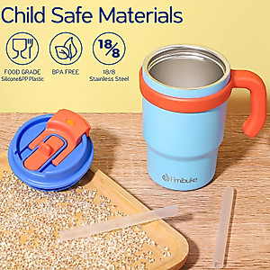 Fimibuke 16oz Kids Insulated Tumbler with Handle & Straws - 2 Pack BPA FREE 18/8 Stainless Steel Toddler Cups with Sip/Swig 2-in-1 Lids, Leak Proof Kid Drinking Cup Travel Mugs for Children Boys Girls