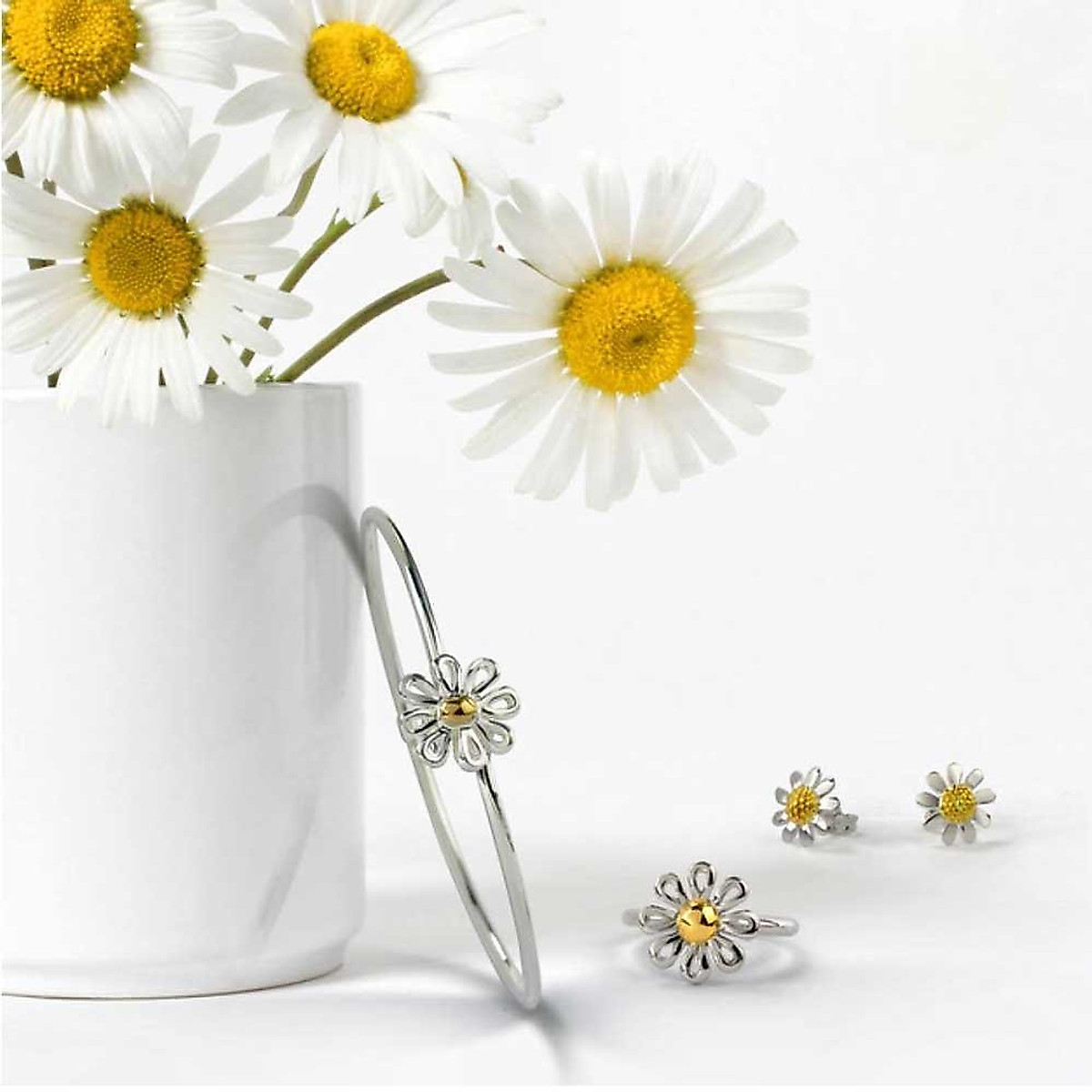 Summer Spring Time Two Tone Charm Sunflower Daisy Flower Stud Earring Women Teen Yellow 14K Gold Plated .925 Sterling Silver