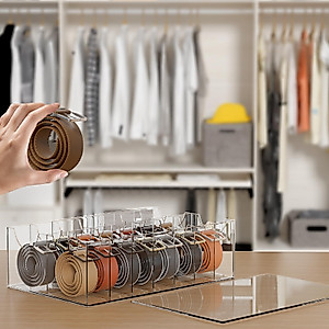 ACRYDECOR Large Acrylic Belt Organizer, Clear 14 Compartments Belt Storage for Closet with Dust Cover, Clear Belt Container Display Holder for Women Men Home