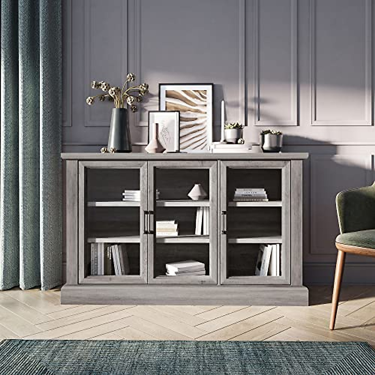 BELLEZE Sideboard Buffet Cabinet, 55” Entertainment Center Modern Wood Glass-Buffet-Sideboard with Storage Cabinet Console Table Adjustable Shelves for Dinning Room Living Room Hallway, Gray Wash