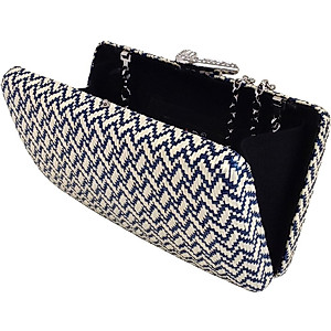 Chevron Raffia Straw Box Clutch with V Ornament