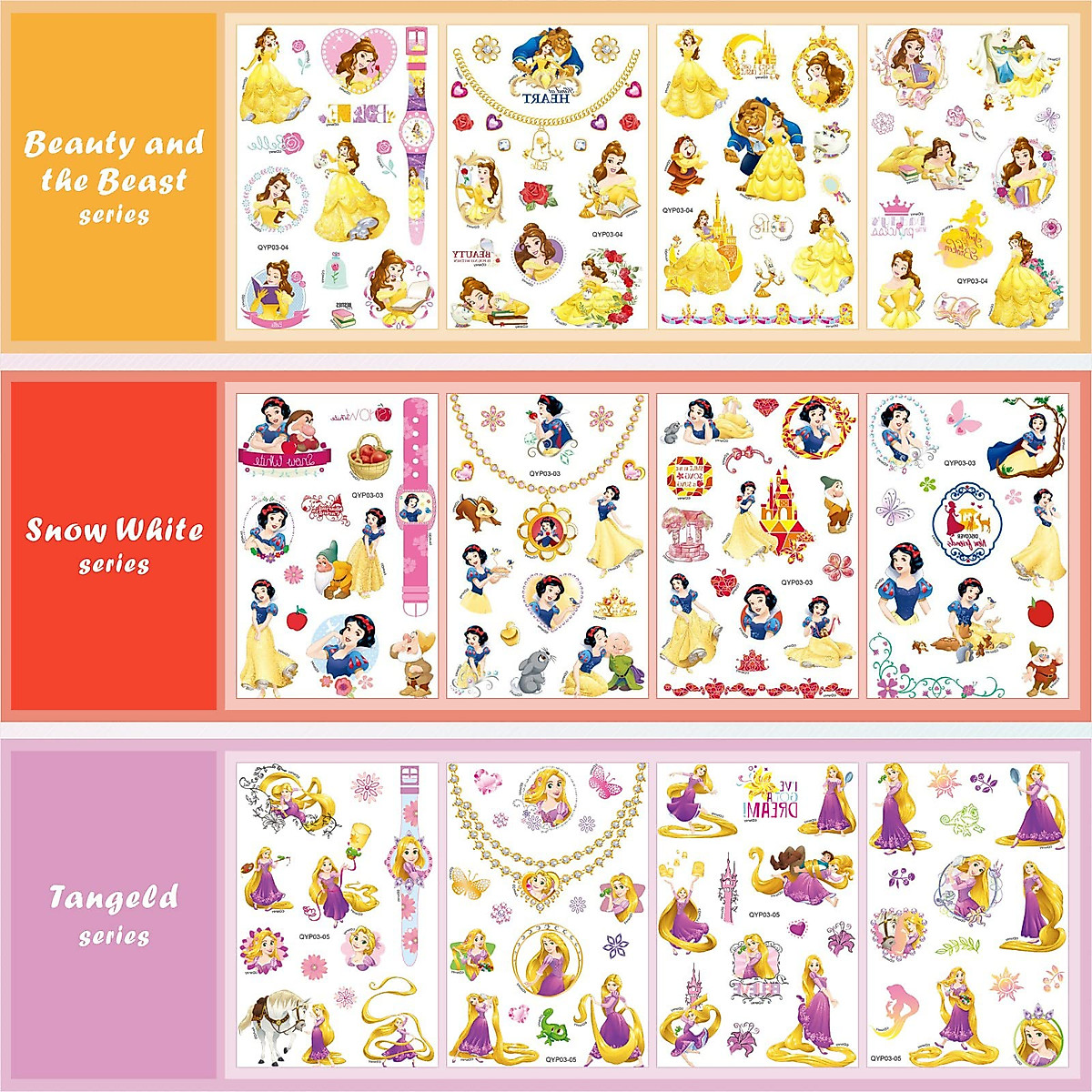 Princess Tattoos Kids, ACSAUMMY 40 Sheet Cartoon Tattoos Party Favor Set for Girls Boys 9 Cute Princess Series Temporary Tattoo Stickers Mickey Mouse Tattoo Stickers for Kids Party Decor Supply