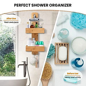LOKO Bamboo Hanging Shower Caddy, Natural & Waterproof Bamboo Shower Rack w/ 2 Storage Baskets & 2 Hanging Hooks, 2-Tier Bathroom Shower Organizer Holder for Shampoo, Conditioner, Soap