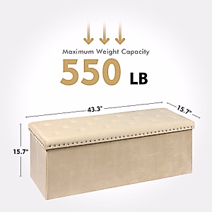 PINPLUS Folding Storage Ottoman Bench, Folding Velvet Tuffed Foot Rest Stool with Rivet, End of Bed Bench Large Long Toy Shoes Chest for Bedroom Entryway Living Room, Beige, 41.3 Inches