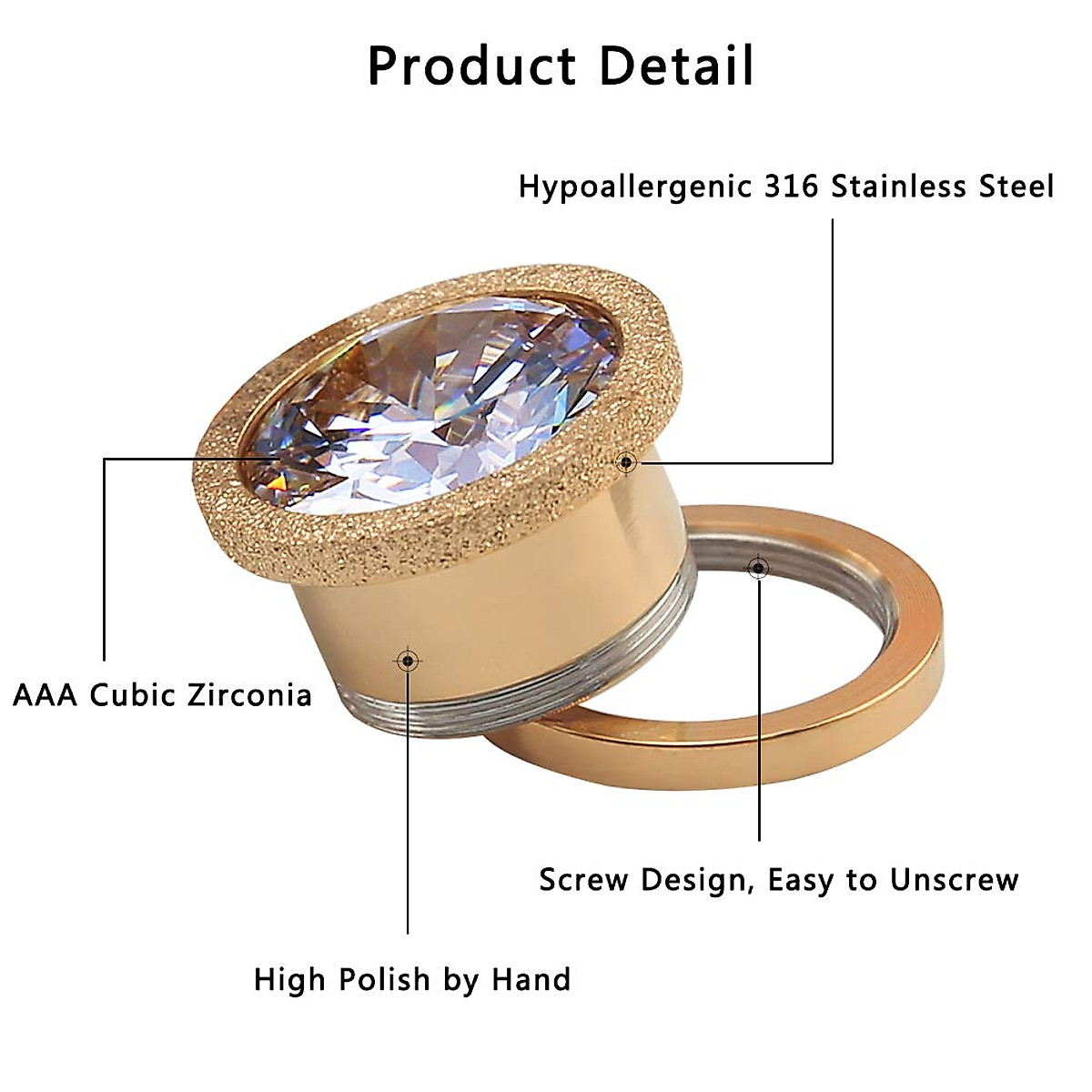 ZS Rose Gold Stainless Steel Screw Big Cubic Zirconia Ear Gauges Plugs Tunnels Expander Body Piercing (Gauge=00g(10mm))