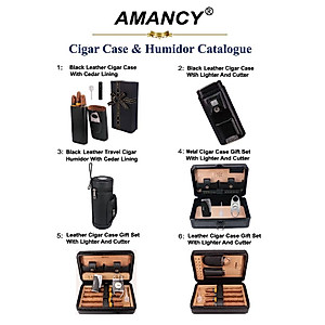 AMANCY Premium Brown Leather Travel Cigar Case,Luxury Portable Cigar Humidor W/Quality Cigar Cutter Lighter Set