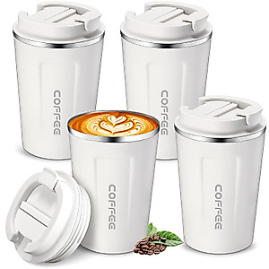 Sieral 4 Pieces 13 oz Insulated Coffee Travel Mug with Leakproof Lid Stainless Steel Coffee Cup Portable Tumbler Reusable Coffee Mugs for Coffee Milk Hot Cold Tea Beer (White)