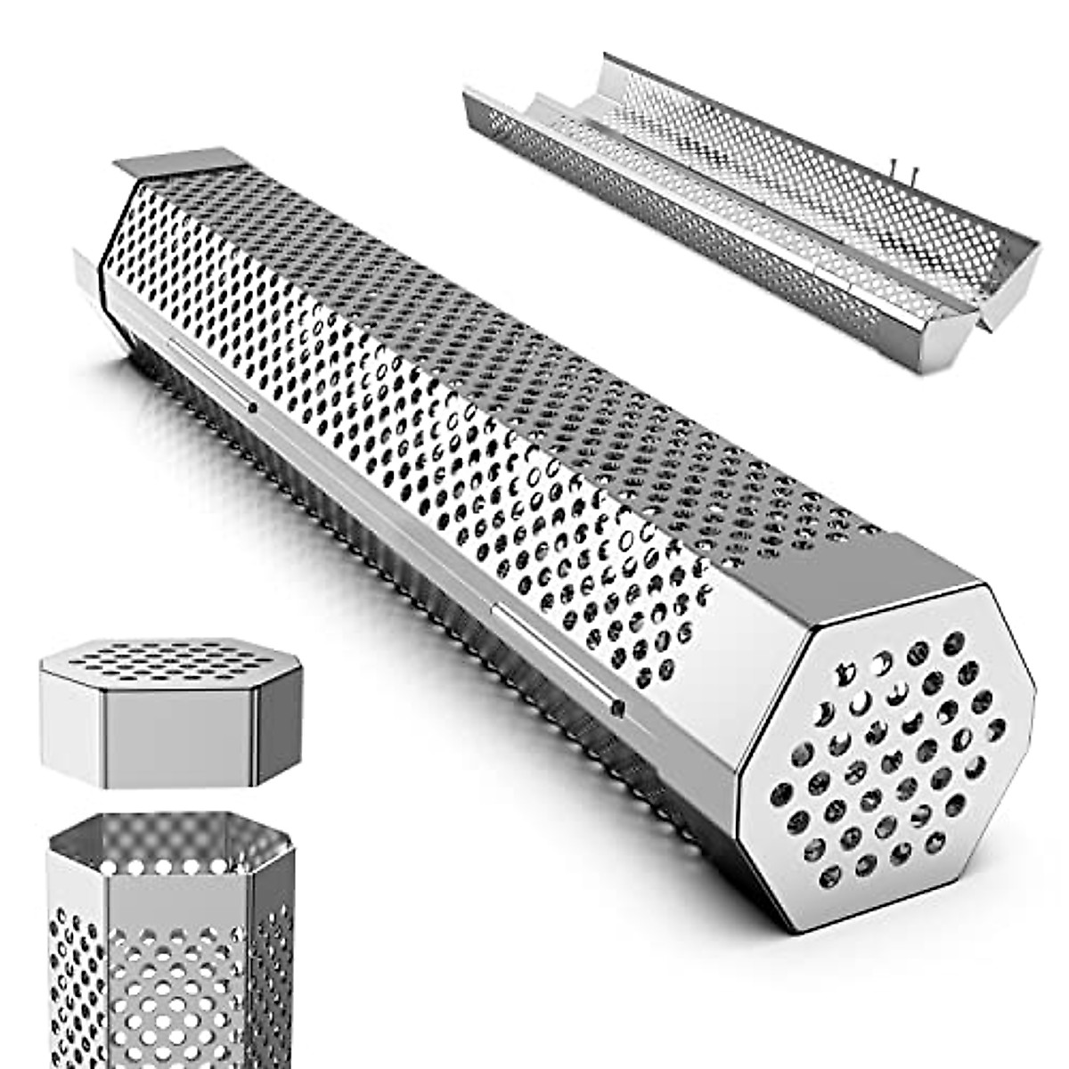 Smoke Tube, OTVAFAVA Upgraded Detachable 12'' Smoke Tube with Cap for Pellet Grill, Stainless Steel Hexagon BBQ Wood Pellet Smoker Tube for Any Grill or Smoker, Hot or Cold Smoking, Easy to Clean