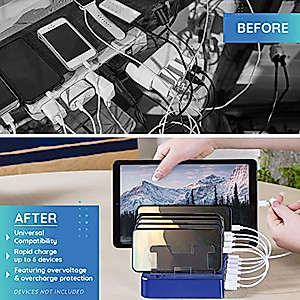 Hercules Tuff Charging Station for Multiple Devices - 6 Ports - (4) iOS Compatible, (1) USB-C & (1) Micro USB Cable for Cell Phones, Smart Phones, Tablets, and Electronics, Blue