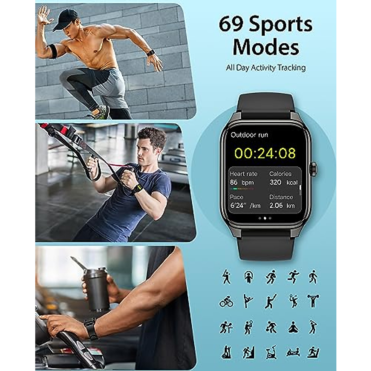 EGQINR Smart Watch, 1.78" AMOLED 368 * 448 HD Screen, 69 Sports Modes Fitness Tracker with Heart Rate, Blood Oxygen, Sleep, IP68 Waterproof Smartwatch with Bluetooth Call for Android iOS