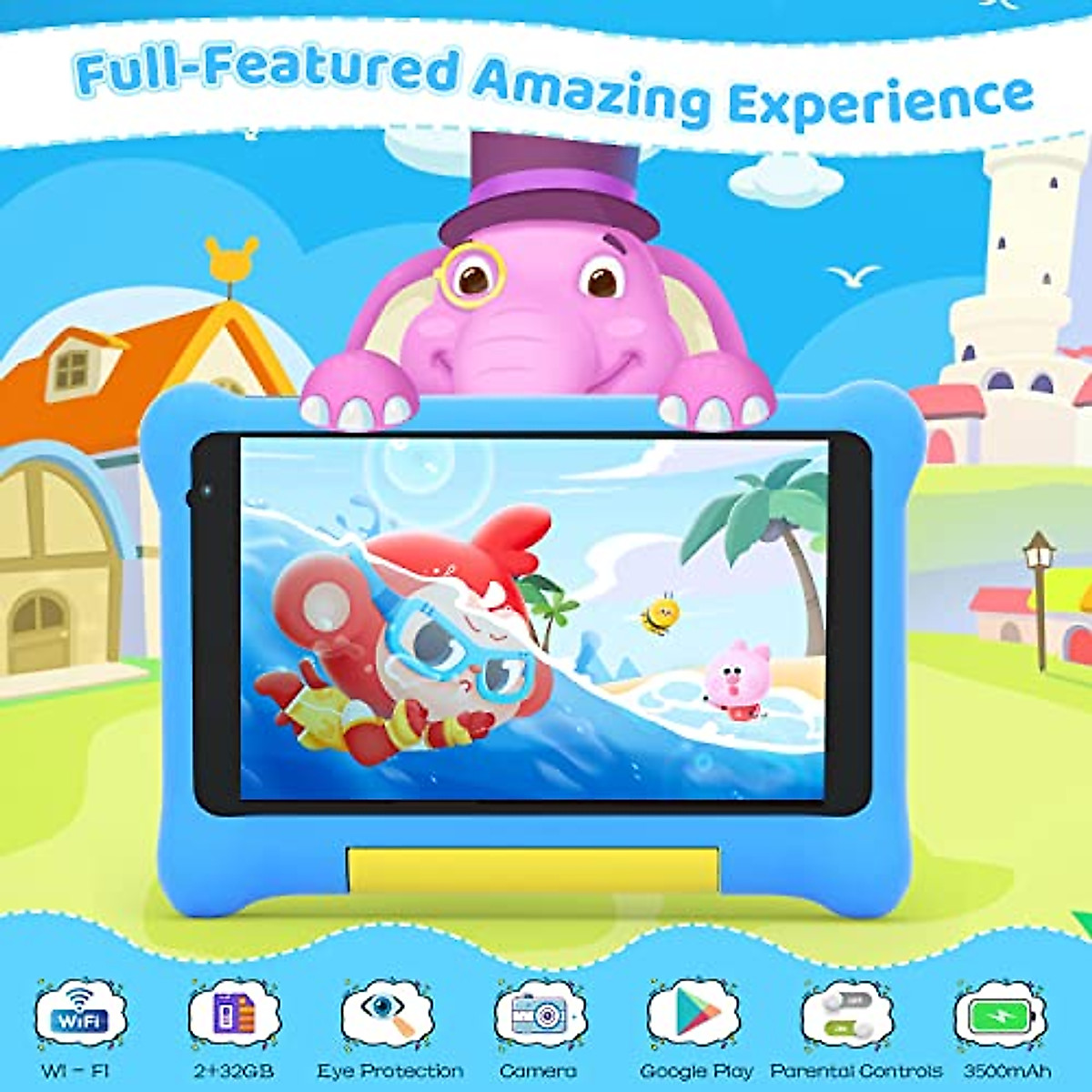 Kunleba 7 Inch Kids Tablet Andriod 11 Tablet for Kids Quad Core Processor 2GB RAM 32GB ROM 128GB Expansion 3500mAh Parental Control Learning Tablet Portable Shockproof Case (Blue)