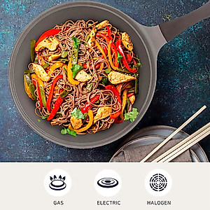 Neoflam Eela 12'' Non Stick Chef's Wok with Glass Lid, Stir Fry Pan and POFA-Free Ceramic Coating for Cooking Saute Vegetables, Meat, Fish, 12 inch, Deep Blue (Handle assemble required)