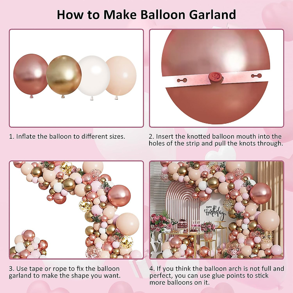 Rose Gold Balloon Garland Kit, Nude Pastel Pink Metallic Gold Matte White Balloons Gold and Rose Gold Confetti Balloons for Wedding Bridal Shower Princess Party Girl Birthday Baby Shower Decorations