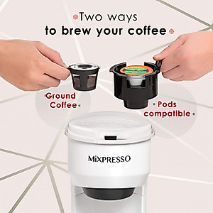 Mixpresso 2 in 1 Coffee Brewer Pods Compatible & Ground Coffee, Personal Coffee Brewer Machine, Compact Size Mini Coffee Maker, Quick Brew Technology 14 oz White Coffee Maker