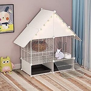 DuvinDD 2-Story Rabbit Cage Indoor Bunny Hutch with 2 Deep Pull-Out Trays and Urine Guard, Guinea Pig Cage Metal Wire Netting Villa, Small Animals House for Ferret, Chinchilla, Hedgehog (White)