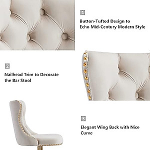 Aoowow Swivel Bar Stools Set of 2,Adjustable Barstools with Back Velvet Tufted Counter Stool Modern Upholstered Bar Chairs with Nailhead for Kitchen Island Restaurant Pub Counter (Beige-Gold)