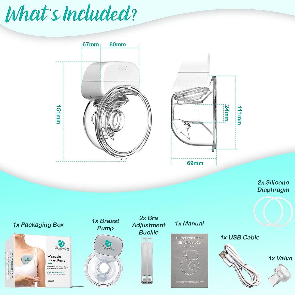 HappyPlace Baby Wearable Breast Pump - 1 Pack, 24 mm Flange, Strong Suction S9 Pain Free Model, 110 Mins Quiet Use Time Clear